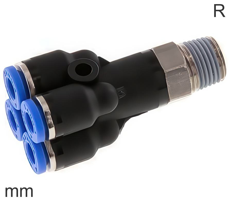 4-Way Distributor Push-In Fittings Brass and Plastic R-Threads Male Y ...