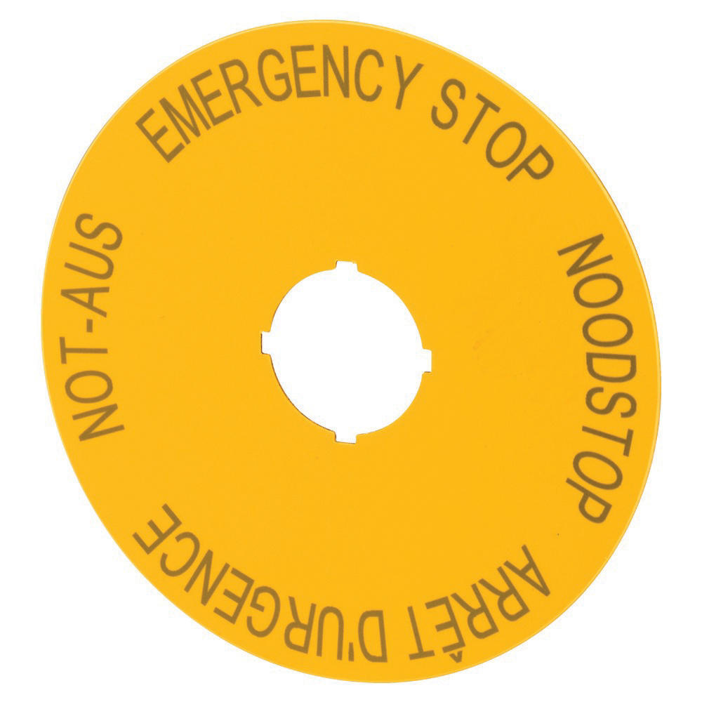 Emergency Stop Label 90mm Multilingual Yellow - 216467 | Tameson.com