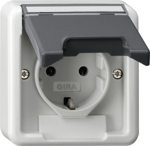 Gira IP44 Surface Mount SCHUKO Socket With Hinged Cover Grey - 445035 | Tameson.com