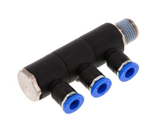 6mm x R1/4'' 3-way Manifold Push-in Fitting with Male Threads Brass/PA ...