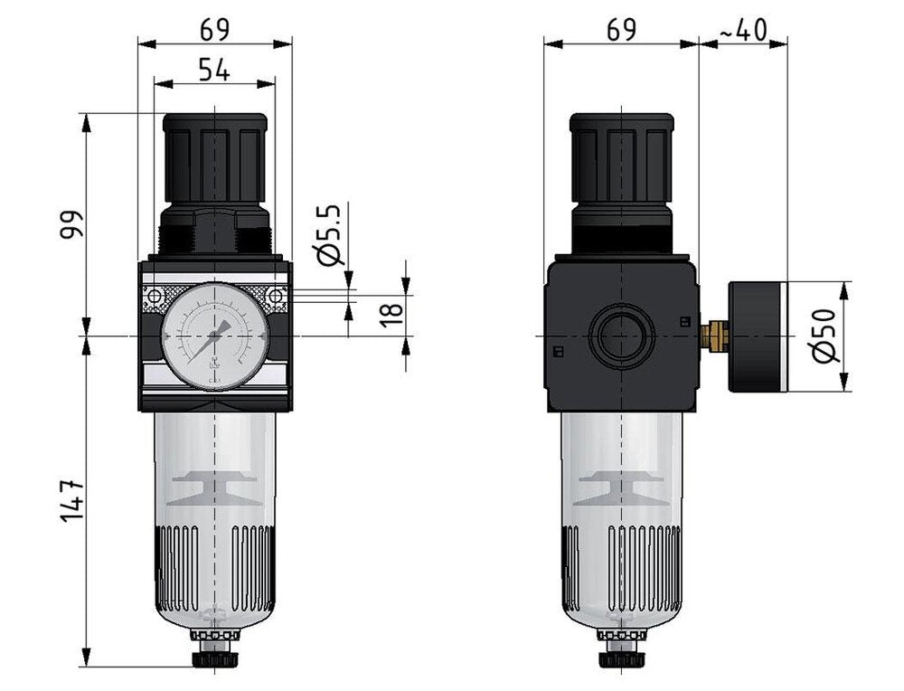Filter-Regulator G3/4'' 6700l/min 0.5-16.0bar/7-232psi Semi-Auto Metal Multifix 2 | Tameson.com